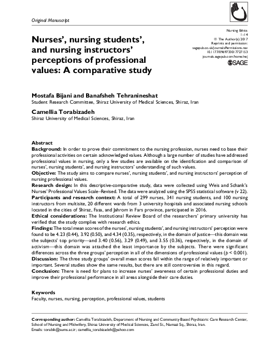 (PDF) Nurses’, nursing students’, and nursing instructors’ perceptions of professional values: A ...