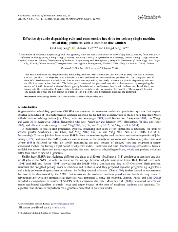 Pdf Effective Dynamic Dispatching Rule And Constructive Heuristic For Solving Single Machine 2958