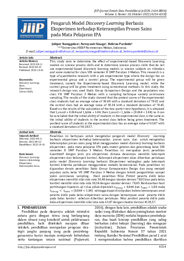 (PDF) Pengaruh Model Discovery Learning Berbasis Eksperimen terhadap ...