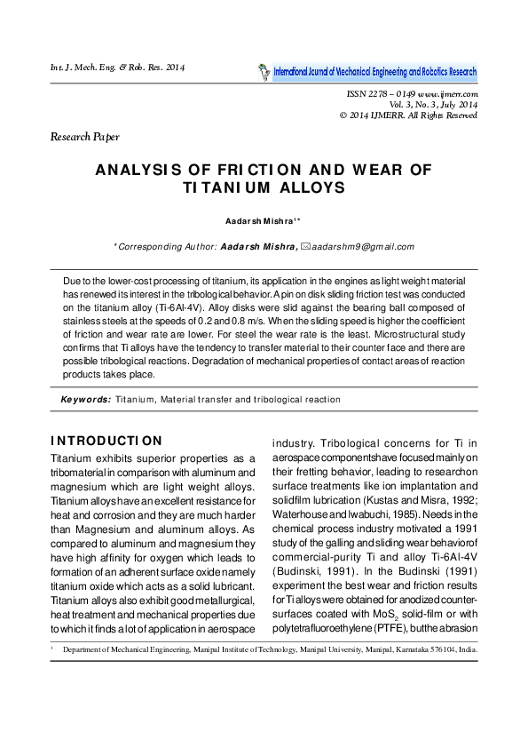 (PDF) Analysis of Friction and Wear of Titanium Alloys