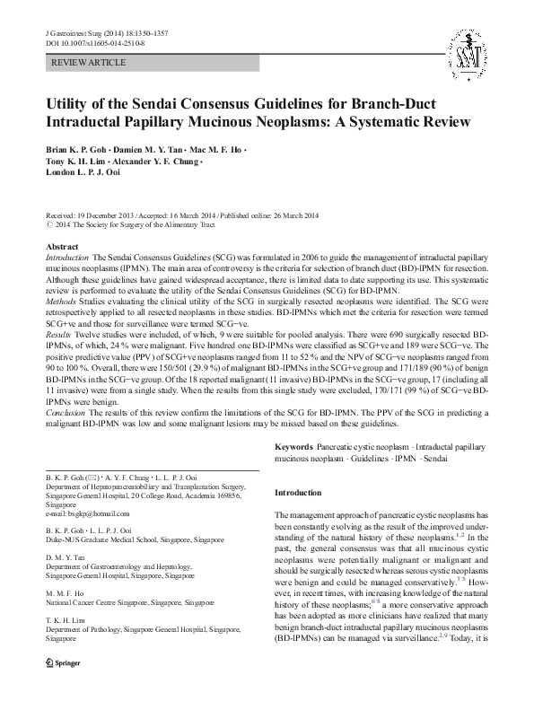 (PDF) Utility of the Sendai Consensus Guidelines for Branch-Duct ...