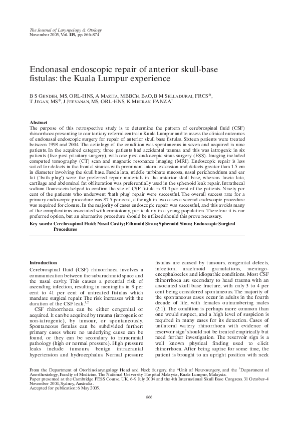 (PDF) Endonasal endoscopic repair of anterior skull-base fistulas: the Kuala Lumpur experience