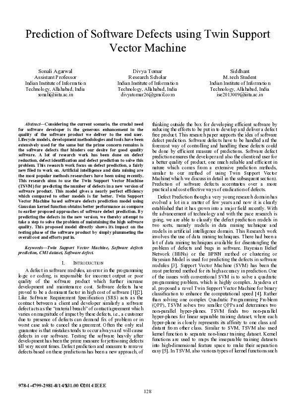 (PDF) Prediction of software defects using Twin Support Vector Machine