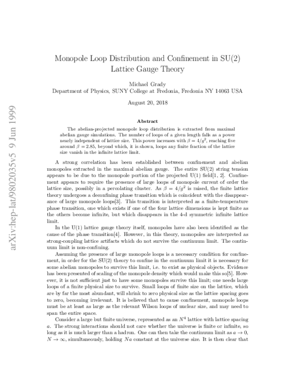 (PDF) Monopole loop distribution and confinement in SU(2) lattice gauge theory