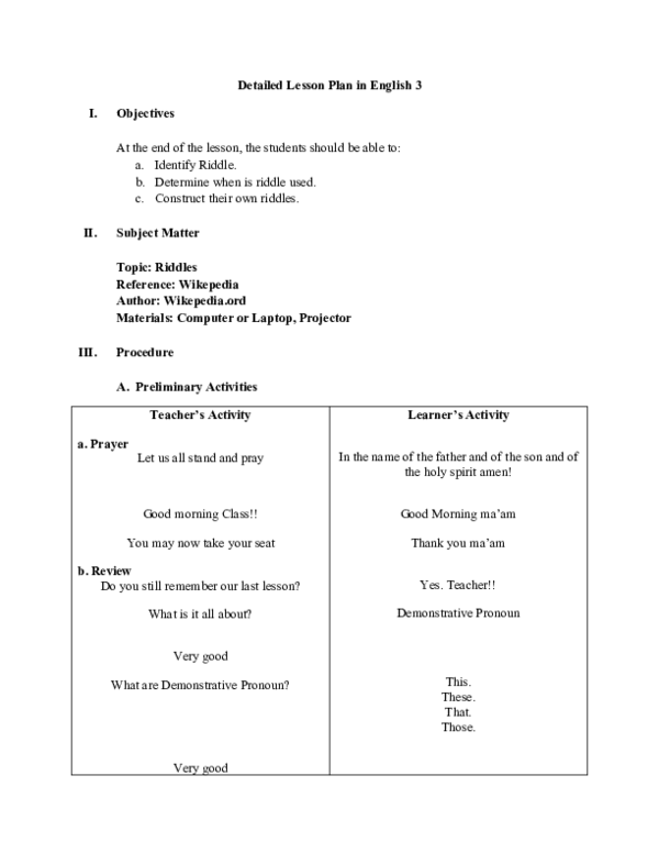 (DOC) Detailed Lesson Plan in English