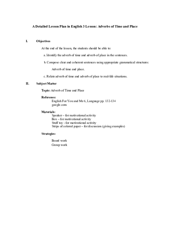 (DOC) A Detailed Lesson Plan in English 3 Lesson: Adverbs of Time and Place