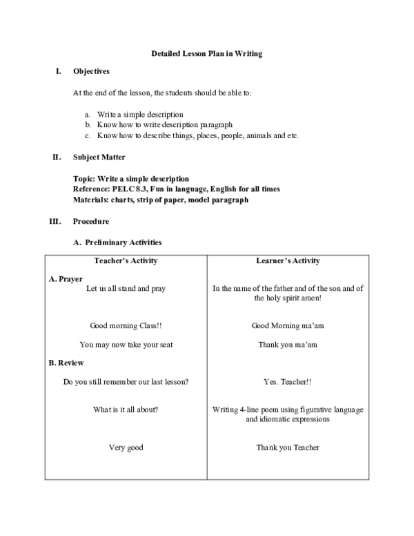 (DOC) Detailed Lesson Plan in Writing