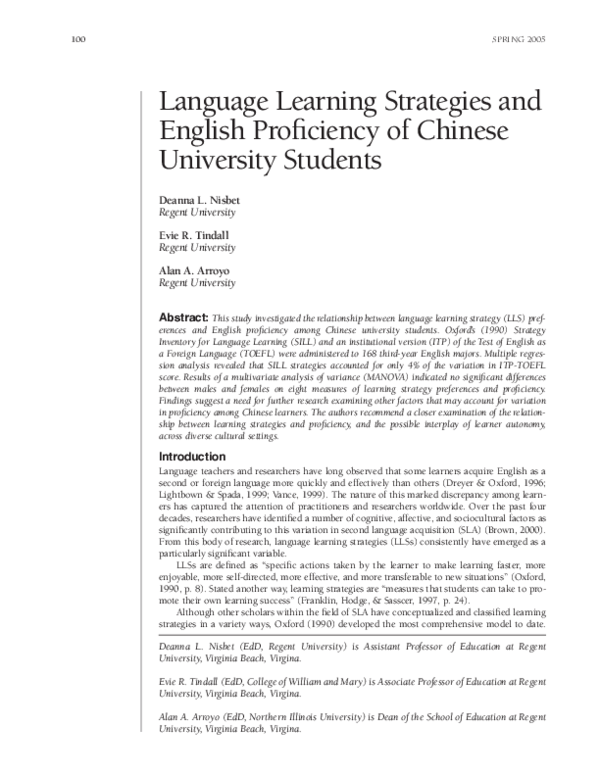 (PDF) Language Learning Strategies and English Proficiency of Chinese ...