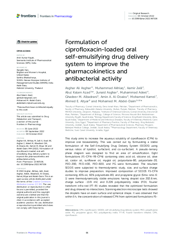 (PDF) Formulation of ciprofloxacin-loaded oral self-emulsifying drug ...