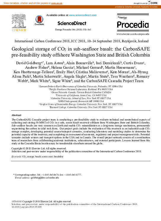 (PDF) Geological storage of CO2 in sub-seafloor basalt: the CarbonSAFE ...