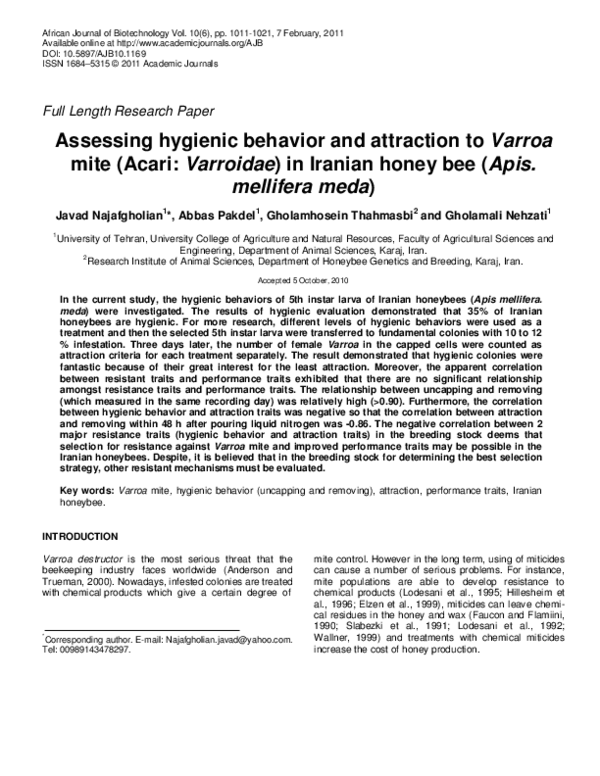 (PDF) Assessing hygienic behavior and attraction to Varroa mite (Acari ...