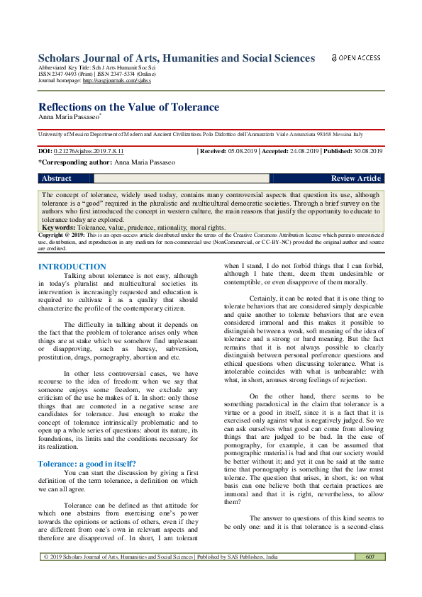 (PDF) Reflections on the Value of Tolerance