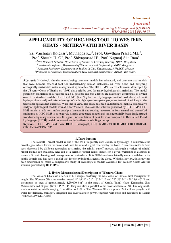 (PDF) Applicability of Hec-HMS Tool to Western Ghats -Nethravathi River ...