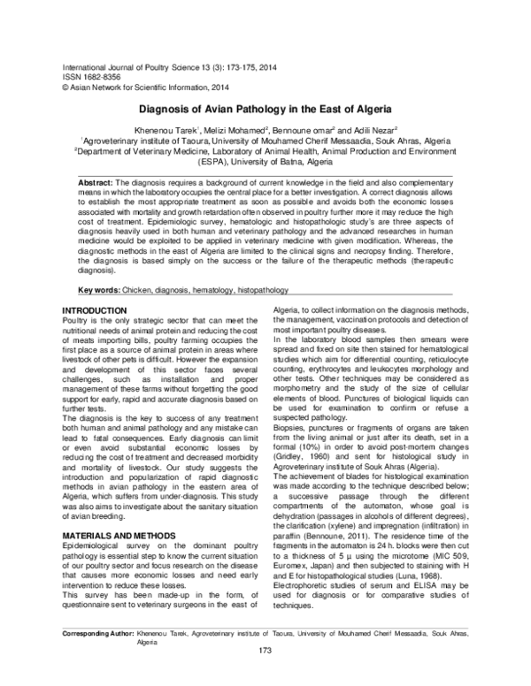 (PDF) Diagnosis of Avian Pathology in the East of Algeria