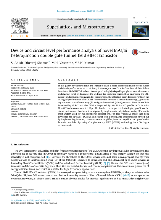 (PDF) Device and circuit level performance analysis of novel InAs/Si heterojunction double gate ...