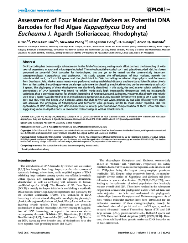 (PDF) Assessment of Four Molecular Markers as Potential DNA Barcodes ...