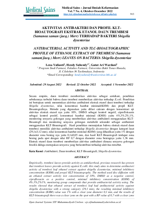 (PDF) AKTIVITAS ANTIBAKTERI DAN PROFIL KLT-BIOAUTOGRAFI EKSTRAK ETANOL ...