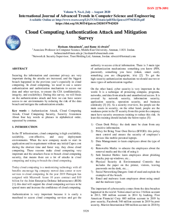 (PDF) Cloud Computing Authentication Attack and Mitigation Survey