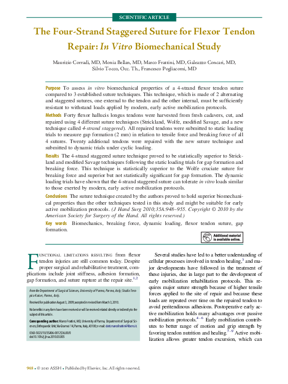(PDF) The Four-Strand Staggered Suture for Flexor Tendon Repair: In ...