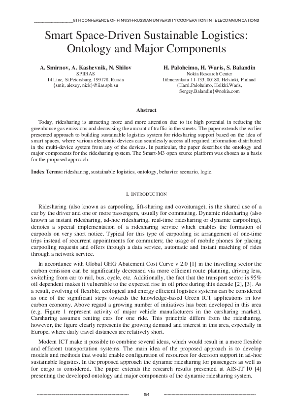 (PDF) Smart Space-Driven Sustainable Logistics: Ontology and Major ...