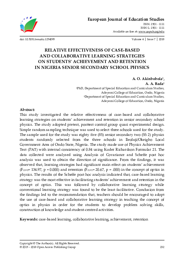 (PDF) Relative Effectiveness of Case-Based and Collaborative Learning Strategies on Students ...