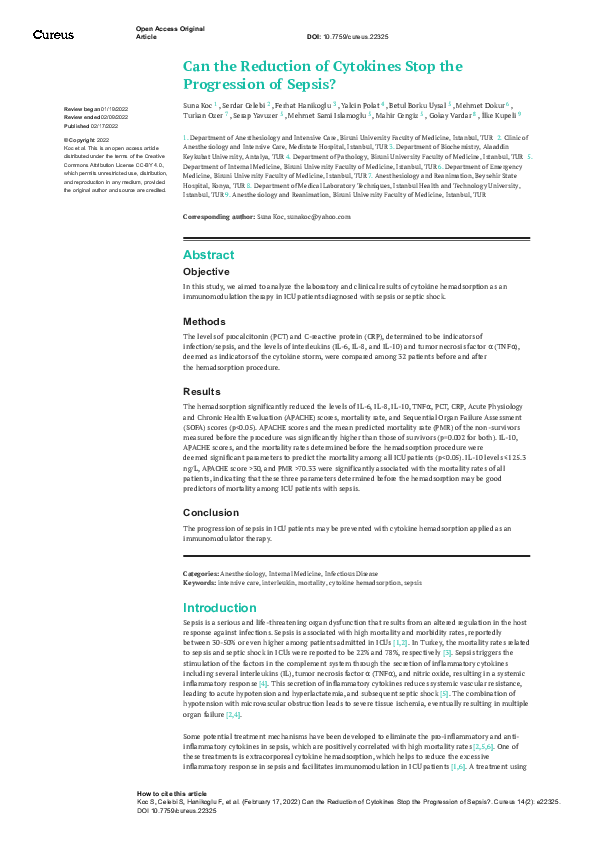 (PDF) Can the Reduction of Cytokines Stop the Progression of Sepsis?