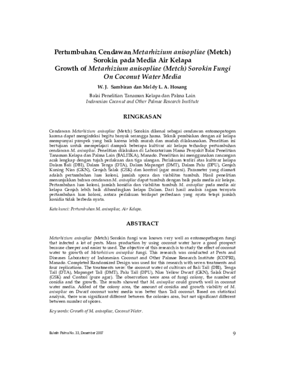 (PDF) Pertumbuhan Cendawan Metarhizium anisopliae (Metch) Sorokin pada Media Air Kelapa | meldy ...