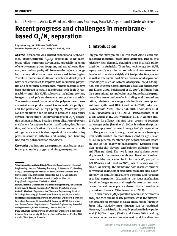 Pdf Recent Progress And Challenges In Membrane Based O2 N2 Separation