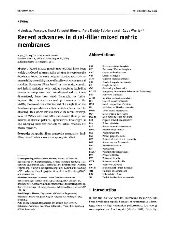(PDF) Recent advances in dual-filler mixed matrix membranes