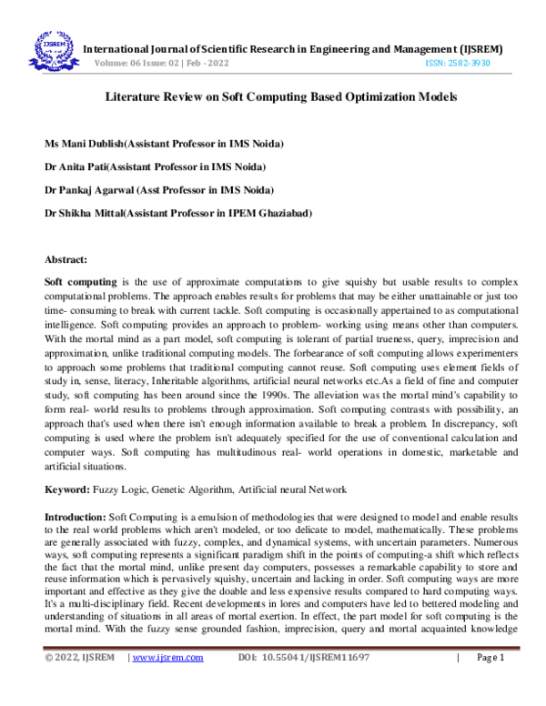 (PDF) Literature Review on Soft Computing Based Optimization Models