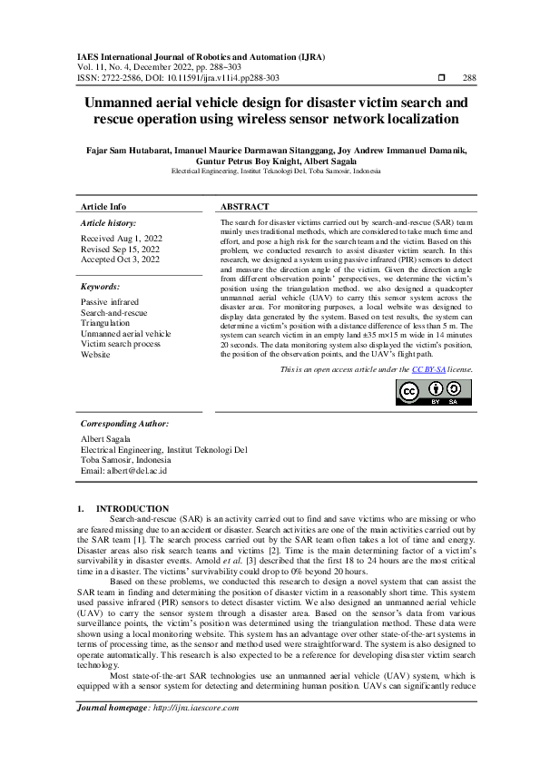 Pdf Unmanned Aerial Vehicle Design For Disaster Victim Search And Rescue Operation Using