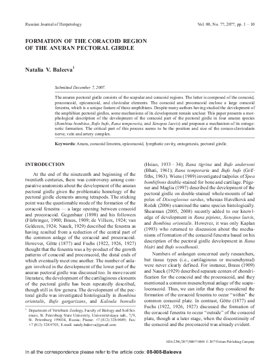 (PDF) Formation of the Coracoid Region of the Anuran Pectoral Girdle