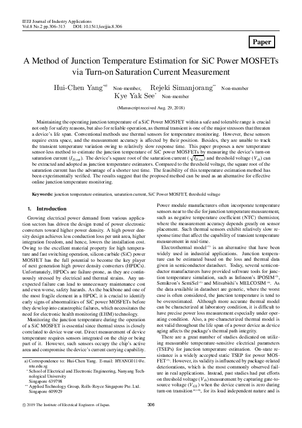 Pdf A Method Of Junction Temperature Estimation For Sic Power Mosfets
