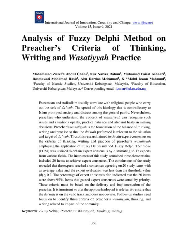 (PDF) Analysis of Fuzzy Delphi Method on Preacher’s Criteria of Thinking, Writing and Wasatiyyah ...