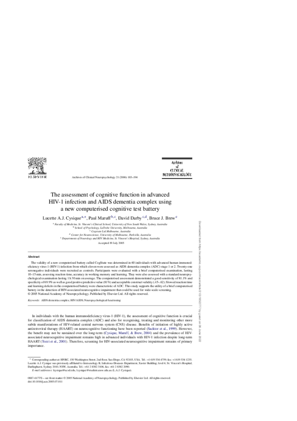 (PDF) The assessment of cognitive function in advanced HIV-1 infection ...