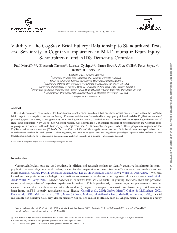 (PDF) Validity of the CogState Brief Battery: Relationship to ...