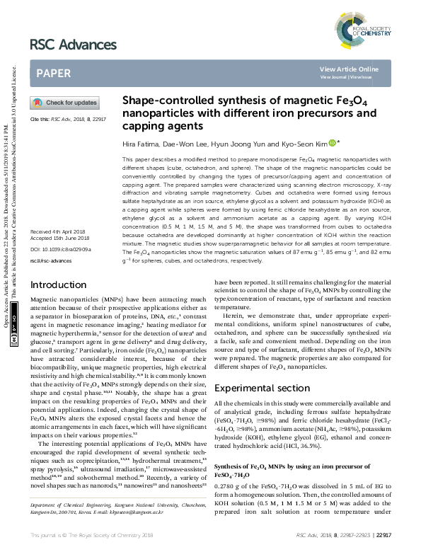 (PDF) Shape-controlled synthesis of magnetic Fe3O4 nanoparticles with different iron precursors ...