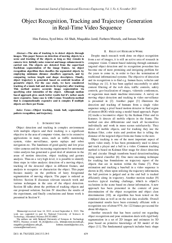 (PDF) Object Recognition, Tracking and Trajectory Generation in Real-Time Video Sequence | Hira ...