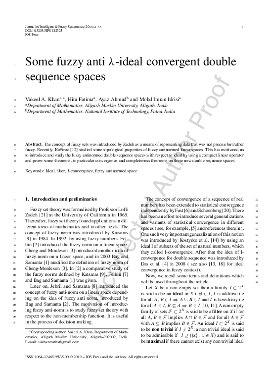 (PDF) Some fuzzy anti λ-ideal convergent double sequence spaces