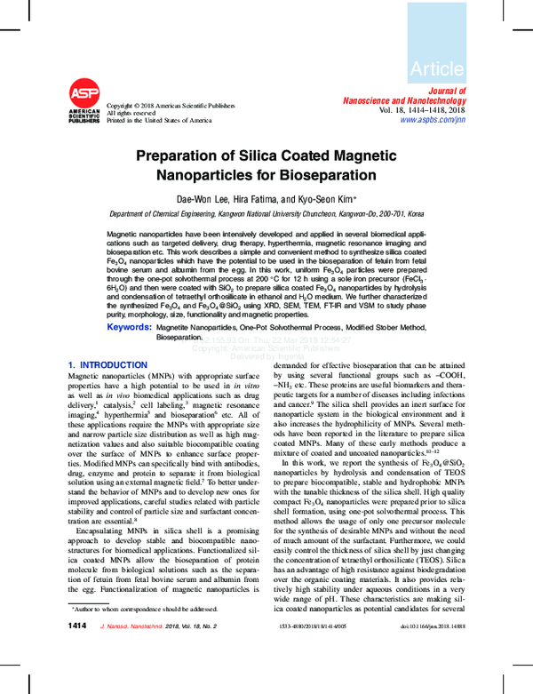 (PDF) Preparation of Silica Coated Magnetic Nanoparticles for Bioseparation (PDF) Preparation of Silica Coated Magnetic Nanoparticles for Bioseparation