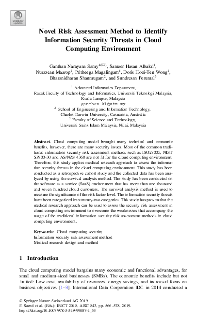 (PDF) Novel Risk Assessment Method to Identify Information Security Threats in Cloud Computing ...