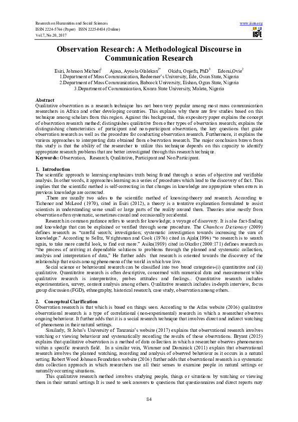 (PDF) Observation Research: A Methodological Discourse in Communication ...