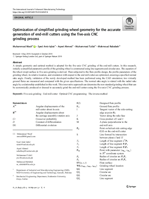(PDF) Optimization of simplified grinding wheel geometry for the accurate generation of end-mill ...