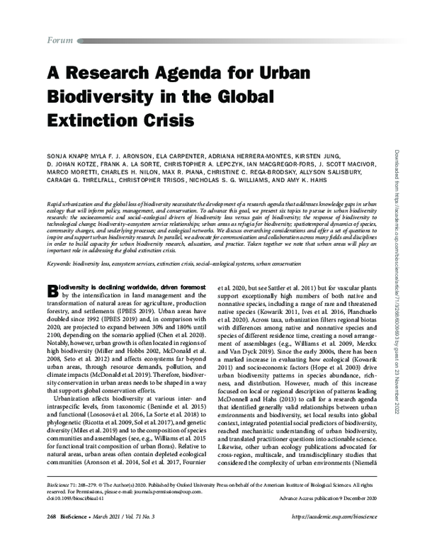 (PDF) A Research Agenda for Urban Biodiversity in the Global Extinction ...