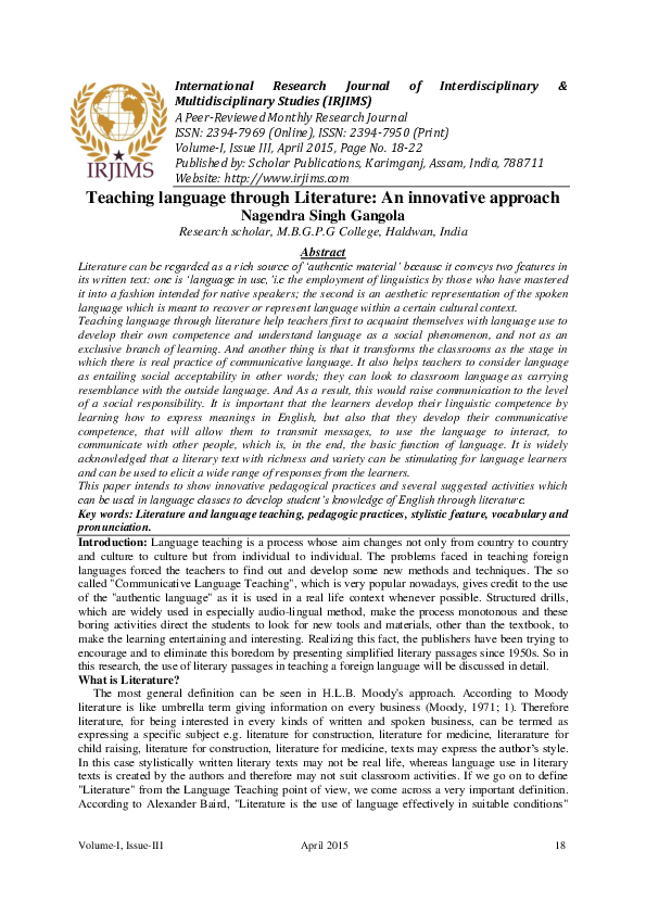 (PDF) Teaching language through Literature: An innovative approach