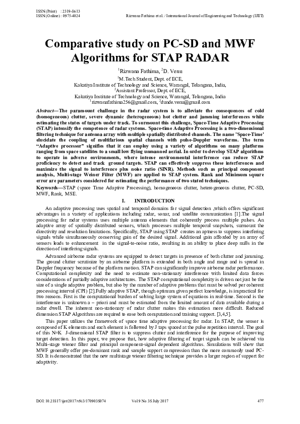 (PDF) Comparative study on PC-SD and MWF Algorithms for STAP RADAR