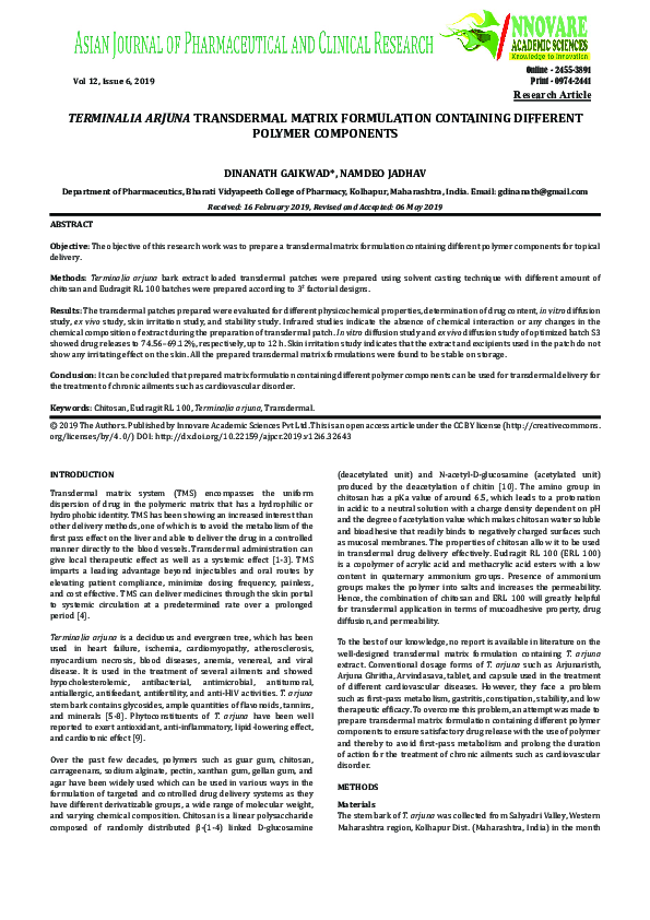Pdf Terminalia Arjuna Transdermal Matrix Formulation Containing Different Polymer Components
