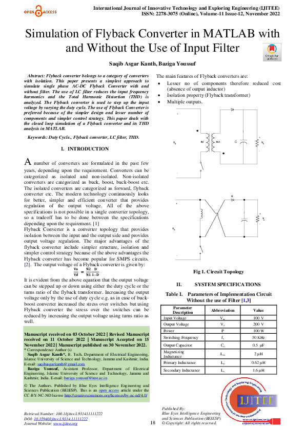 (PDF) Simulation of Flyback Converter in MATLAB with and Without the Use of Input Filter
