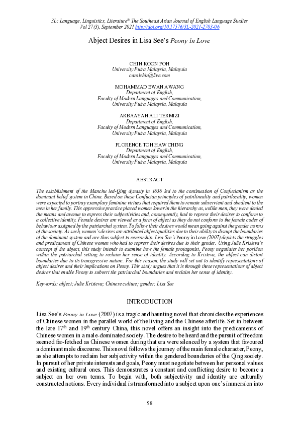 (PDF) Abject Desires in Lisa See’s Peony in Love