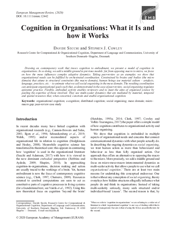 (PDF) Cognition in Organisations: What it Is and how it Works